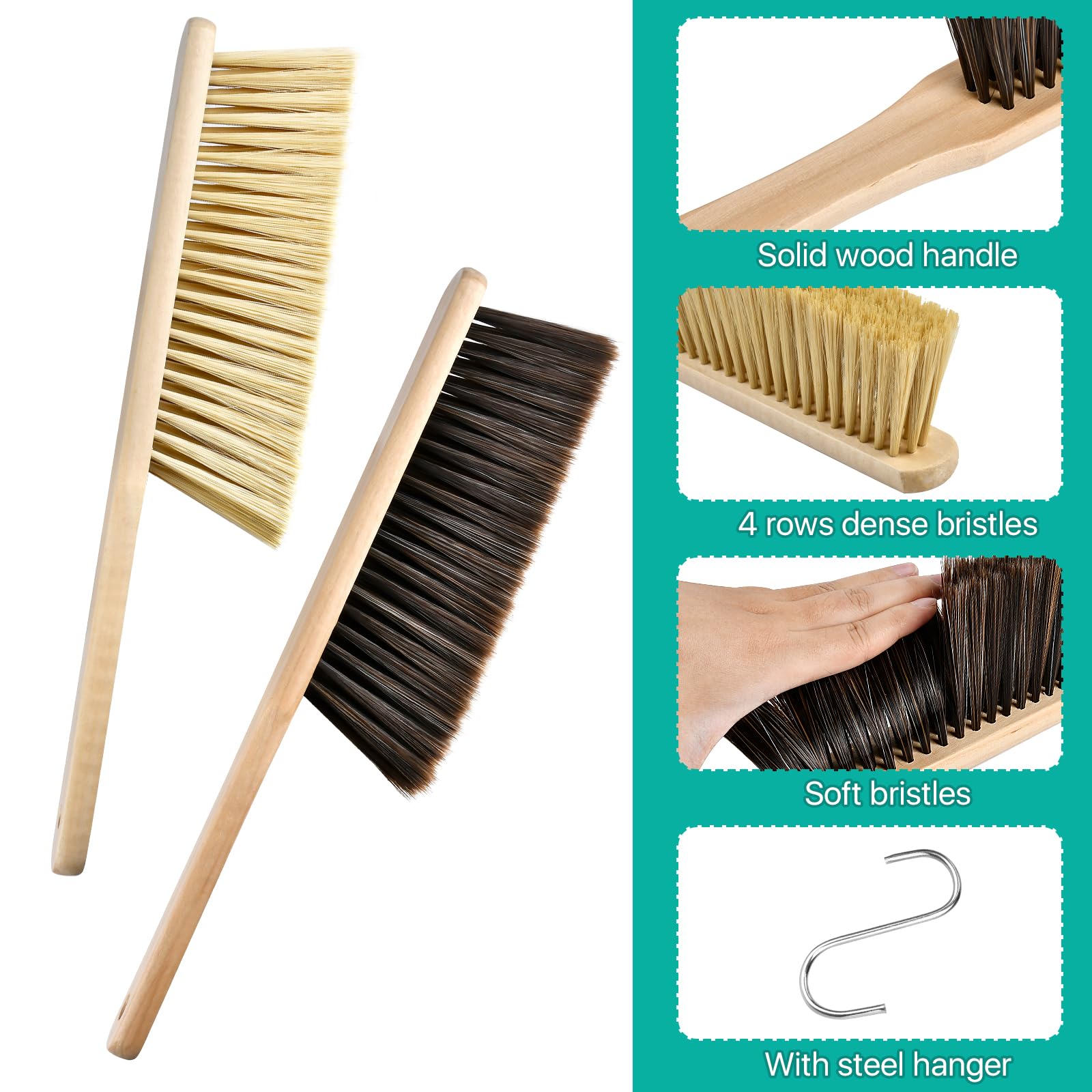 Boocalny 4 Pieces Hand Broom Brush, Wooden Dust Brush, Hand Broom Bench Brush with Hanger, Soft Bristle Cleaning Brush for Counter Bed Sofa Car Fireplace Clothes Household Cleaning (Brown, Khaki)