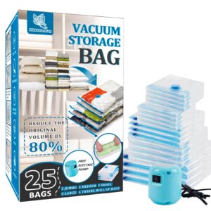 25 pack vacuum storage bags with electric pump, space saver bags (5 jumbo/5 large/5 medium/5 small/5 roll) compression for comforters and blankets, sealer clothes storage travel essentials