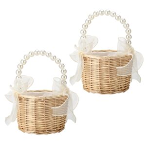 2pcs wicker rattan flower girl basket wedding flower girl basket pearl carrying basket small flower basket with pearl handle rattan basket for weddings bridal anniversary party decor(brown)