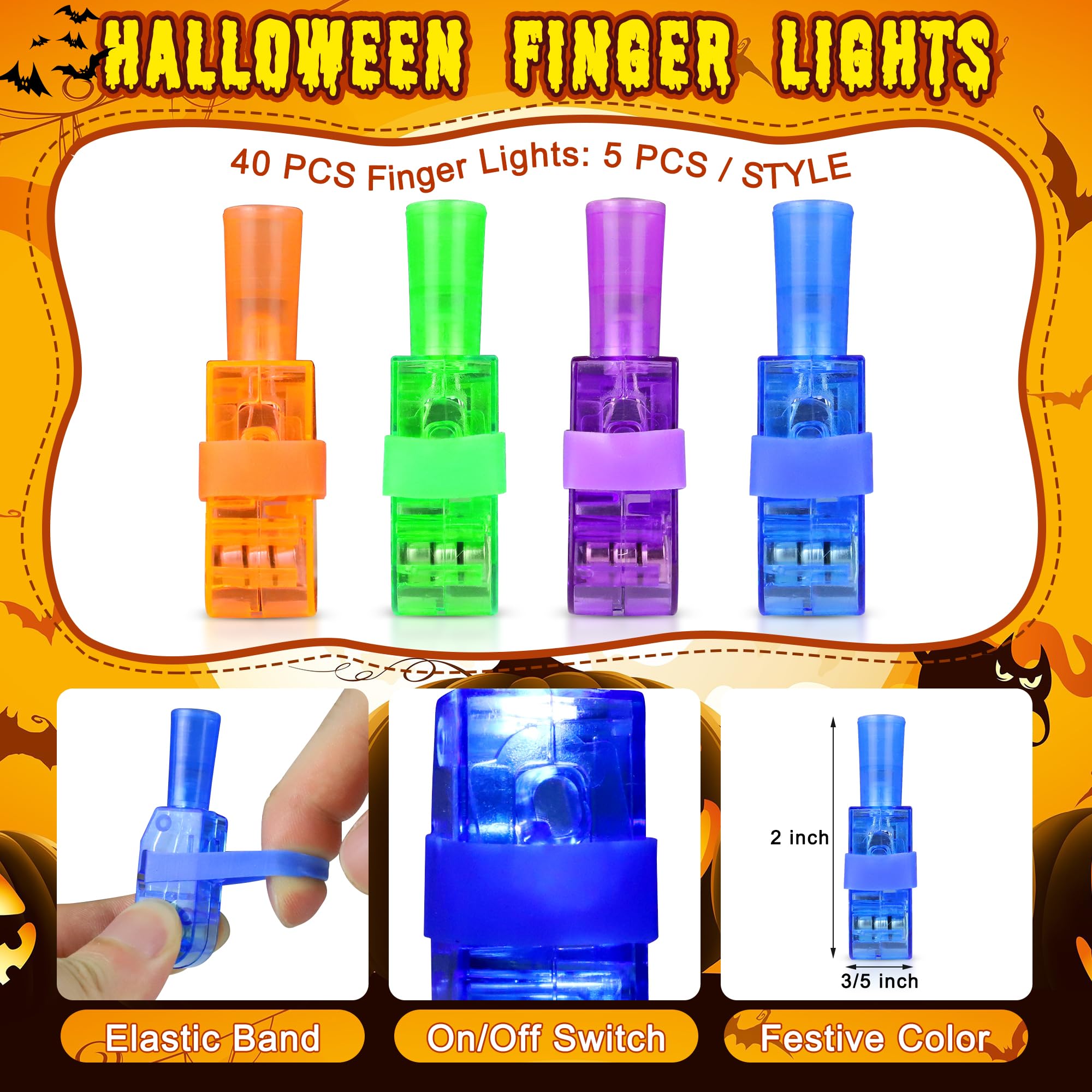 40 Finger Lights Halloween Party Favors for Kids, Light Up Halloween Trick or Treat Toys Bulk Goodie Bags Stuffers Fillers Non Candy Glow in the Dark Halloween Prizes Classroom Favors Party Supplies