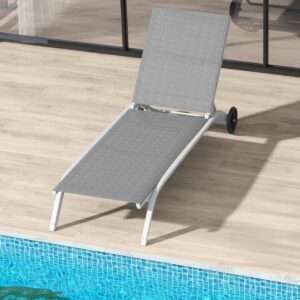 yitahome aluminum chaise lounge outdoor, widened patio lounge chair with wheels, 5-position adjustable sunbathing recliner for poolside, backyard, lawn (grey)