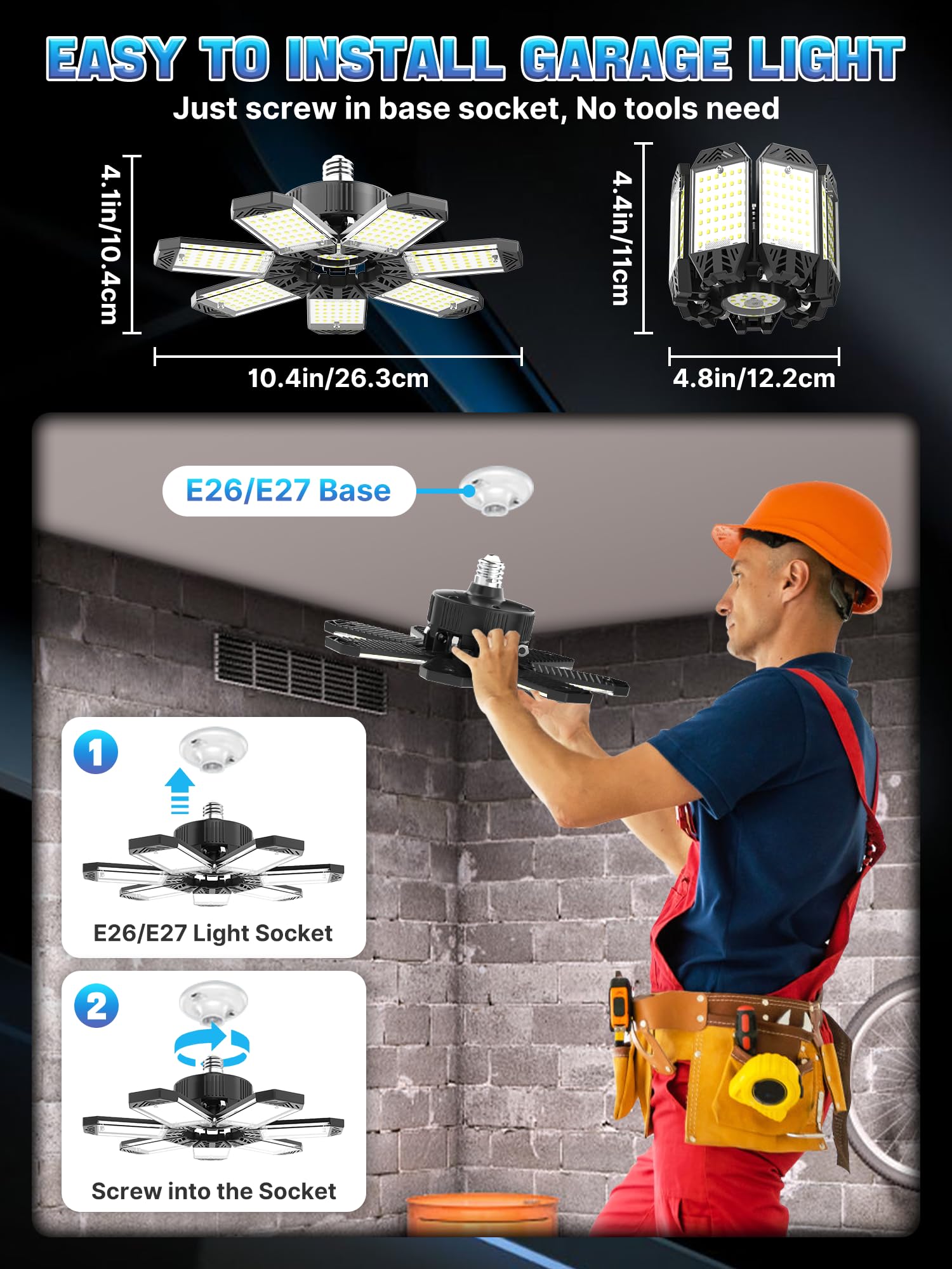 HAPYLUMI LED Garage Light 200W, Super Bright Garage Lights 20000LM Garage Lights Ceiling Led with 7 Adjustable Panels 6500K Led Shop Lights Screw in E26/E27 Bulb Socket for Garage Basement Lighting