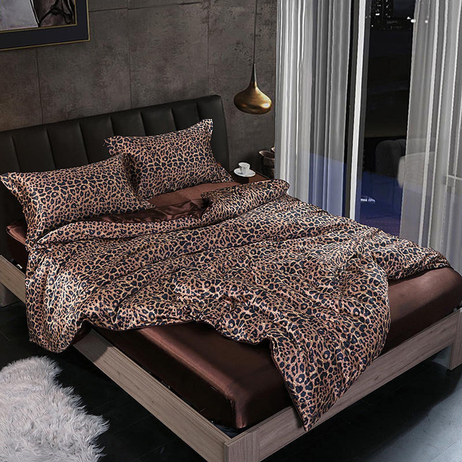 FKHFTI Duvet Cover Sets Double, 4 Pcs Satin Silk Bedding Set with Bed Sheets Leopard Printed Comforters Covers with 2 Pillowcases,2-King (1 King)