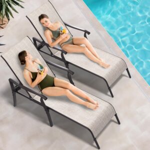 YITAHOME Outdoor Chaise Lounge Chair Set of 2, Patio Lounge Chair with 5 Adjustable Positions, Textile Pool Chaise Lounger for Outdoor, Patio, Beach, Yard (Beige)