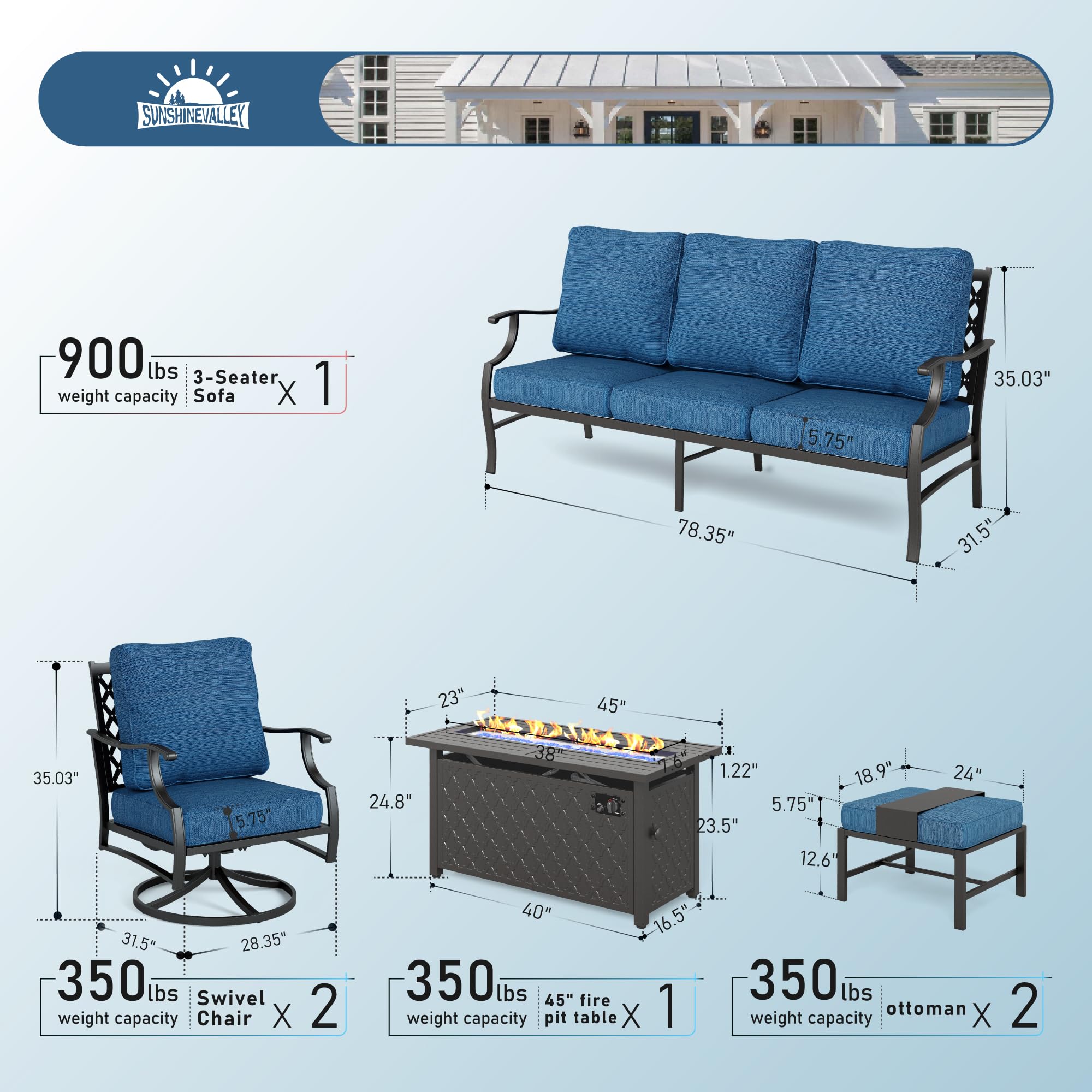 SUNSHINE VALLEY 6 Piece Metal Outdoor Patio Furniture Set with Firepit Table, Patio Conversation Set 3-seater Sofa, 2 Swivel Chair, 2 Ottoman with 5.75" Thick Cushion, Black Backyard Furniture, Blue-2