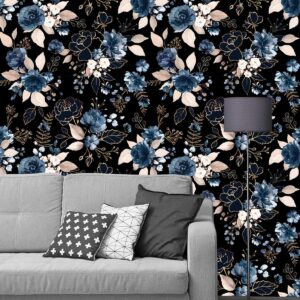 MIAHOME Black and Gold Floral Vintage Wallpaper Peel and Stick Wallpaper Flower Art Deco Dark Blue Contact Wall Paper for Cabinets Removable Vinyl Rose Self Adhesive Wallpaper 17.7in x 6.6ft