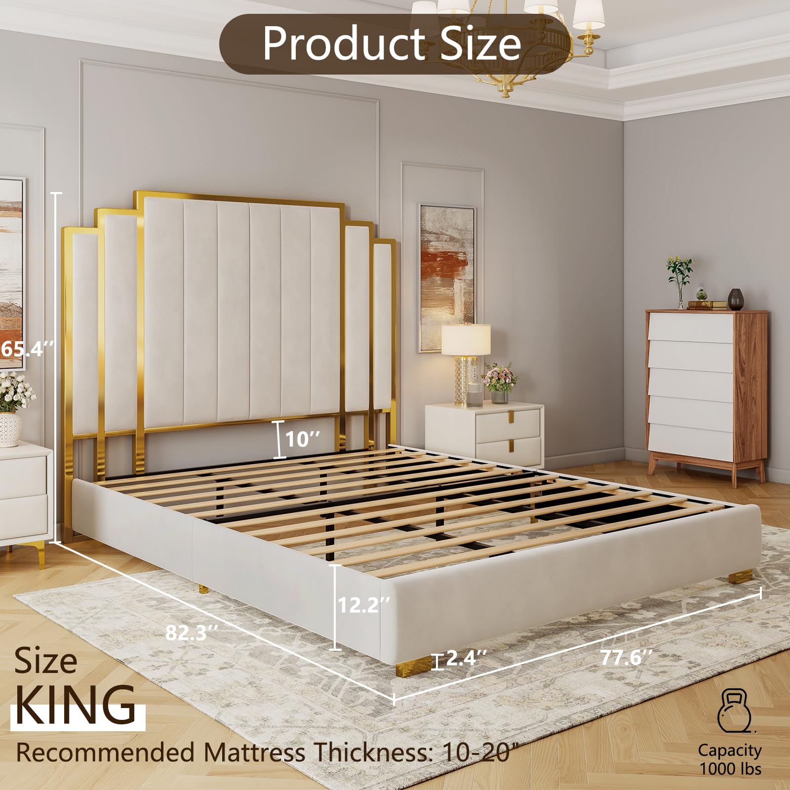 YUMPIE King Size Platform Bed Frame with 65" Extra Tall Headboard, Velvet Upholstered Bed with Golden Plating Trim, Wooden Slats/No Box Spring Needed/Noisy Free/Cream