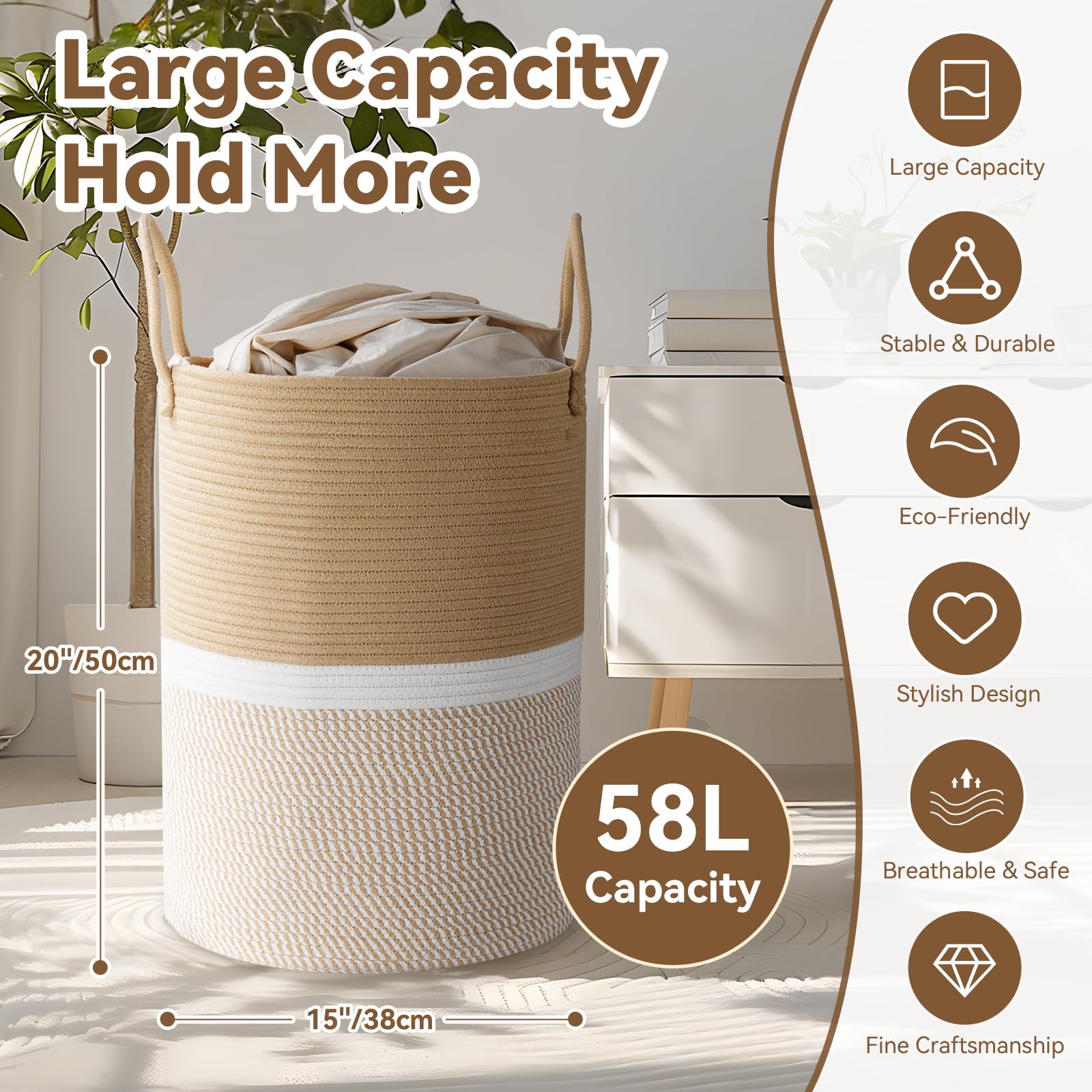 Laundry Storage Basket Large，Tall Rope Baskets for Storage，Cute Blanket Basket，Suitable for Living Room, Bedroom, Farmhouse，Can Be Decorative and Used to Store Toys