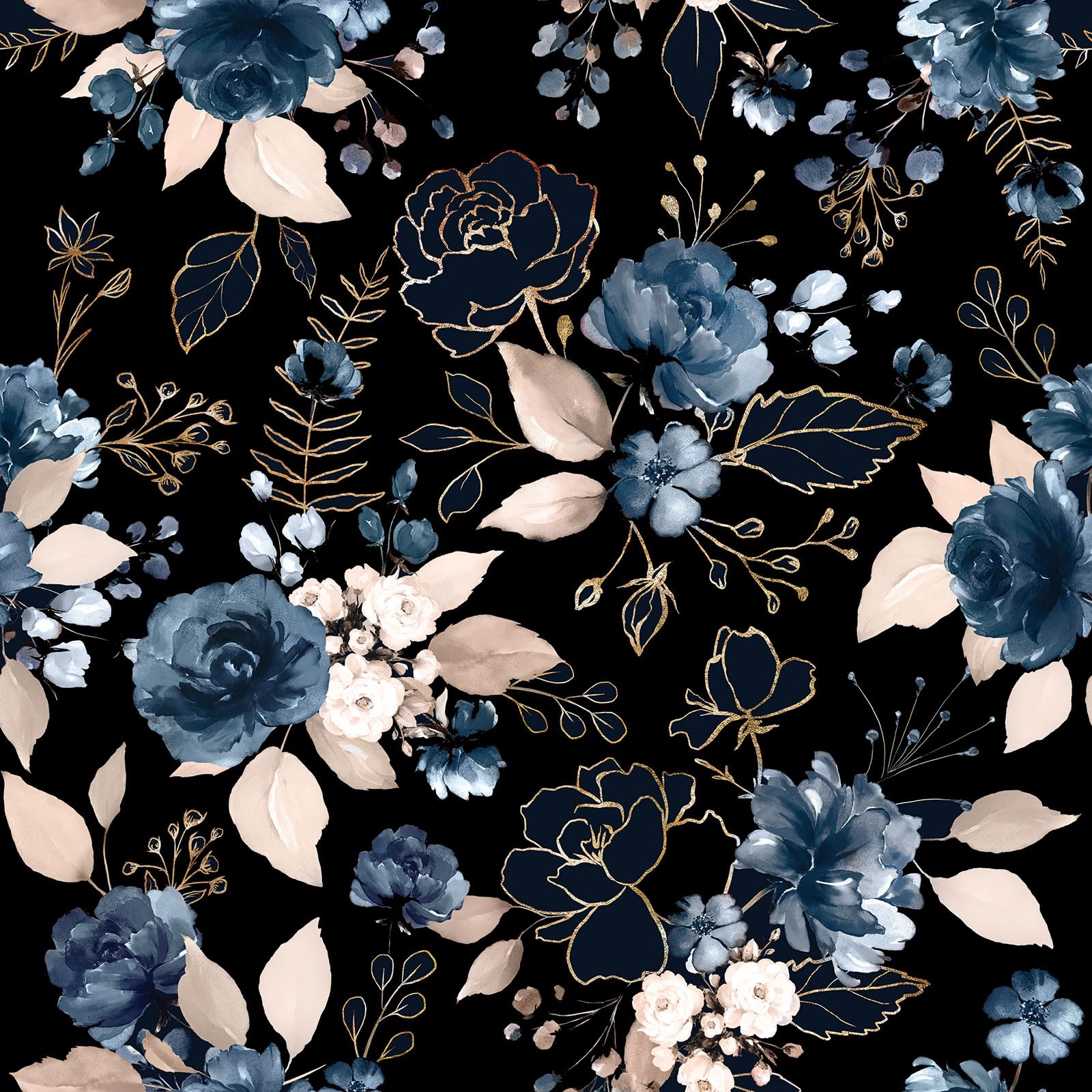 MIAHOME Black and Gold Floral Vintage Wallpaper Peel and Stick Wallpaper Flower Art Deco Dark Blue Contact Wall Paper for Cabinets Removable Vinyl Rose Self Adhesive Wallpaper 17.7in x 6.6ft