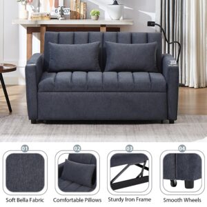 Merax 55.9" Loveseat Sofa Couch with Pull Out Bed, 3 in 1 Convertible Polyester Sleeper Sofa Bed with 3 USB Ports, 2 Cup Holders, and 360°Swivel Phone Holder for Apartment, Living Room (Blue Grey)