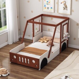 twin size floor car shaped bed frames with 2 windows and 4 wheels for kids boys girls teens, fun play design toddler bedframe w/ safety guardrails, no box spring required, gifts, bedroom, white+orange