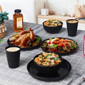 12pcs Wheat Straw Dinnerware Sets for 4, Kitchen Unbreakable Plates and Bowls Sets for College Dorm Apartment Resuable Black