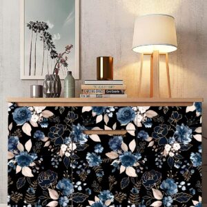 MIAHOME Black and Gold Floral Vintage Wallpaper Peel and Stick Wallpaper Flower Art Deco Dark Blue Contact Wall Paper for Cabinets Removable Vinyl Rose Self Adhesive Wallpaper 17.7in x 6.6ft