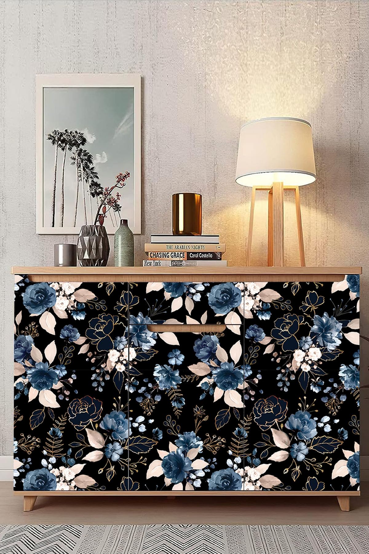 MIAHOME Black and Gold Floral Vintage Wallpaper Peel and Stick Wallpaper Flower Art Deco Dark Blue Contact Wall Paper for Cabinets Removable Vinyl Rose Self Adhesive Wallpaper 17.7in x 6.6ft