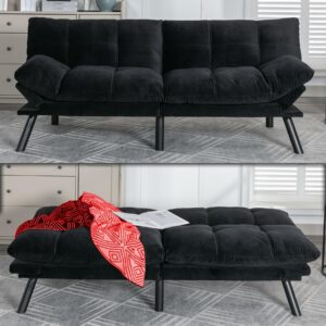 anwick modern futon couch bed sofa: velvet fabric quick folding armrest space-saving convertible 2 seater loveseat for living room bedroom small rooms apartment (black)