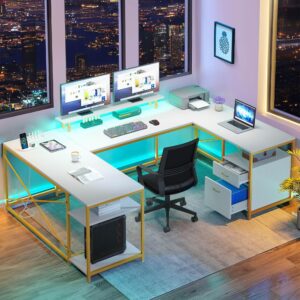 dwvo u shaped desk with drawers, 79" reversible l shaped desk with power outlets & led lights, corner computer desk with monitor stand & storage shelves, white & gold