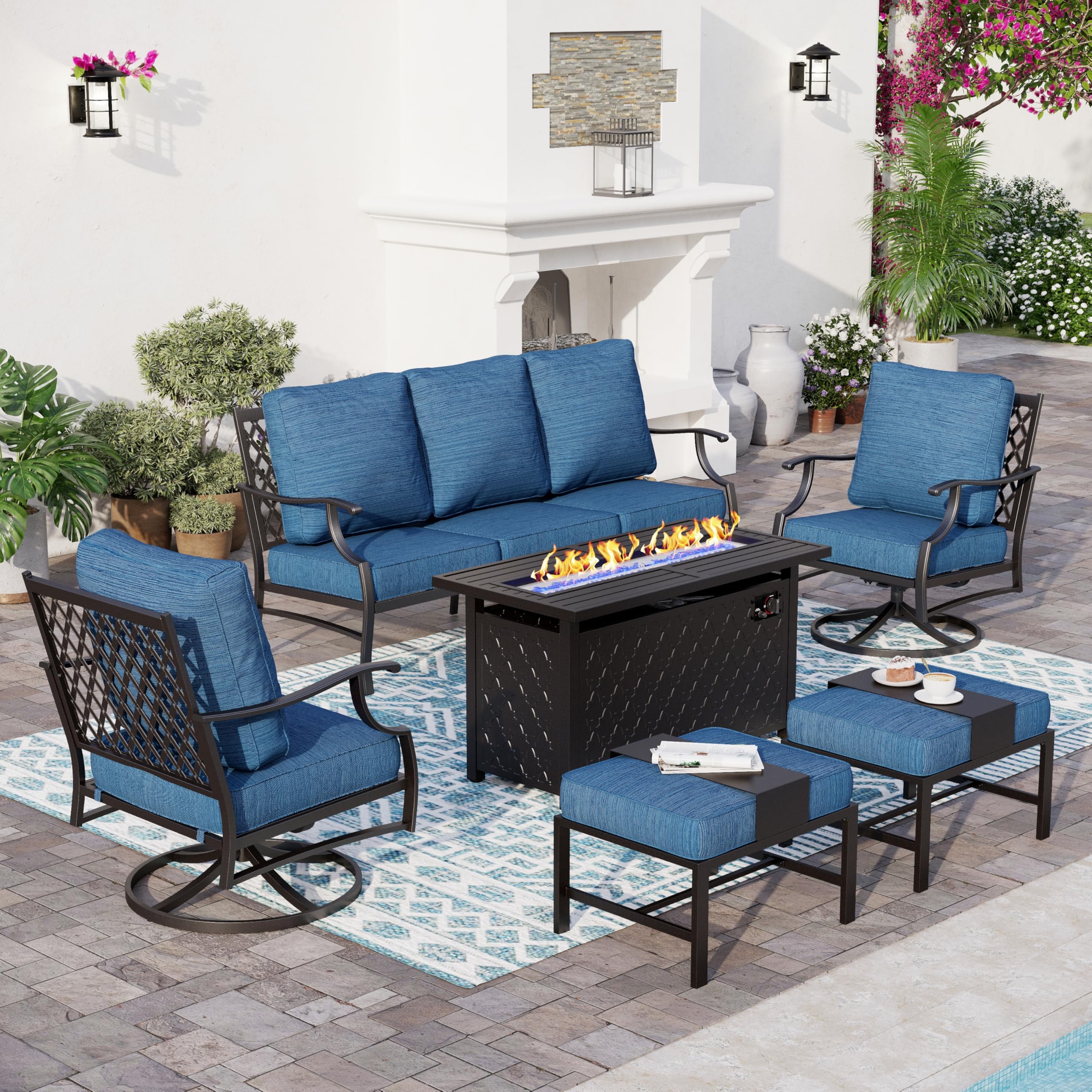 SUNSHINE VALLEY 6 Piece Metal Outdoor Patio Furniture Set with Firepit Table, Patio Conversation Set 3-seater Sofa, 2 Swivel Chair, 2 Ottoman with 5.75" Thick Cushion, Black Backyard Furniture, Blue-2