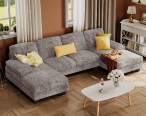 furmax sectional couches for living room, u-shaped sofa couch with linen fabric, 4 seat sofa set with double chaise for apartment (fabric, grey)