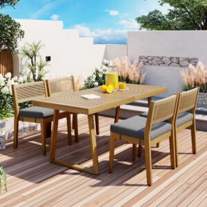 merax acacia wood outdoor dining set for 4,waterproof patio furniture with 1 table and 4 chairs,and thick cushions for balcony, vourtyard, and garden, gray