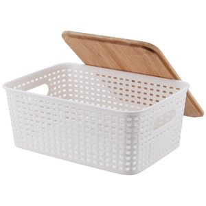 JEUIHAU 4 PCS Plastic Storage Bins Bamboo Lid, White Organizer Bin with Bamboo Lid, Plastic Storage Box with Bamboo Lid, Stackable Storage Containers Lidded for Shelves Drawers Pantry