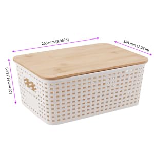 JEUIHAU 4 PCS Plastic Storage Bins Bamboo Lid, White Organizer Bin with Bamboo Lid, Plastic Storage Box with Bamboo Lid, Stackable Storage Containers Lidded for Shelves Drawers Pantry