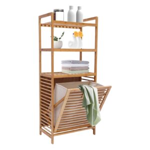 4-tier laundry hamper,bamboo laundry organizerm, tilt-out laundry linen hamper storage shelf cabinet with shelf and removable liner, for bathroom living room bedroom storage laundry shelf