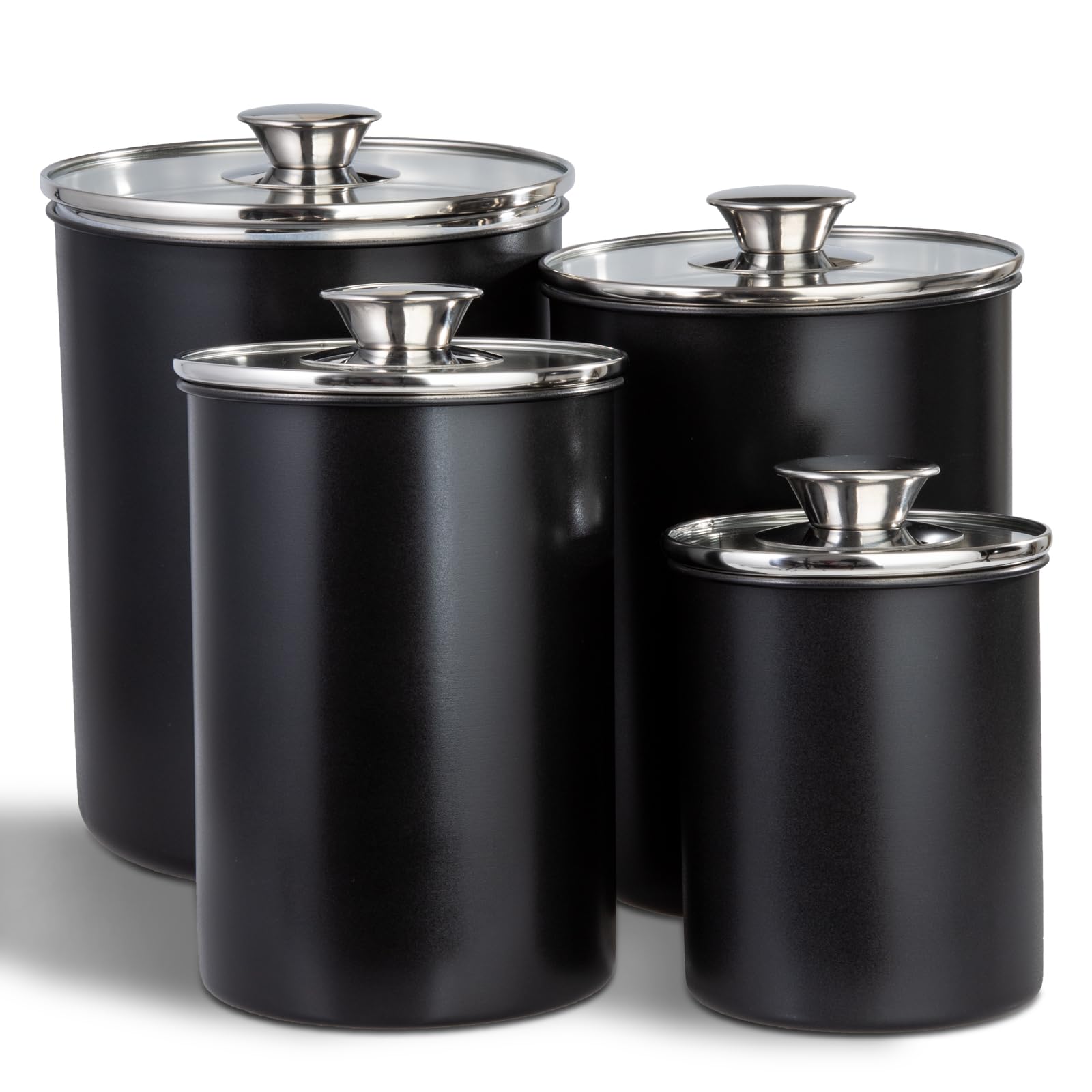 malmo Stainless Steel Food Canister Set of 4-Piece, 40.5/71/98/132 Ounces,Airtight Containers with Glass Lid for Tea,Coffee,Sugar,Flour,Pantry Kitchen Storage Storeroom Counter (Black)