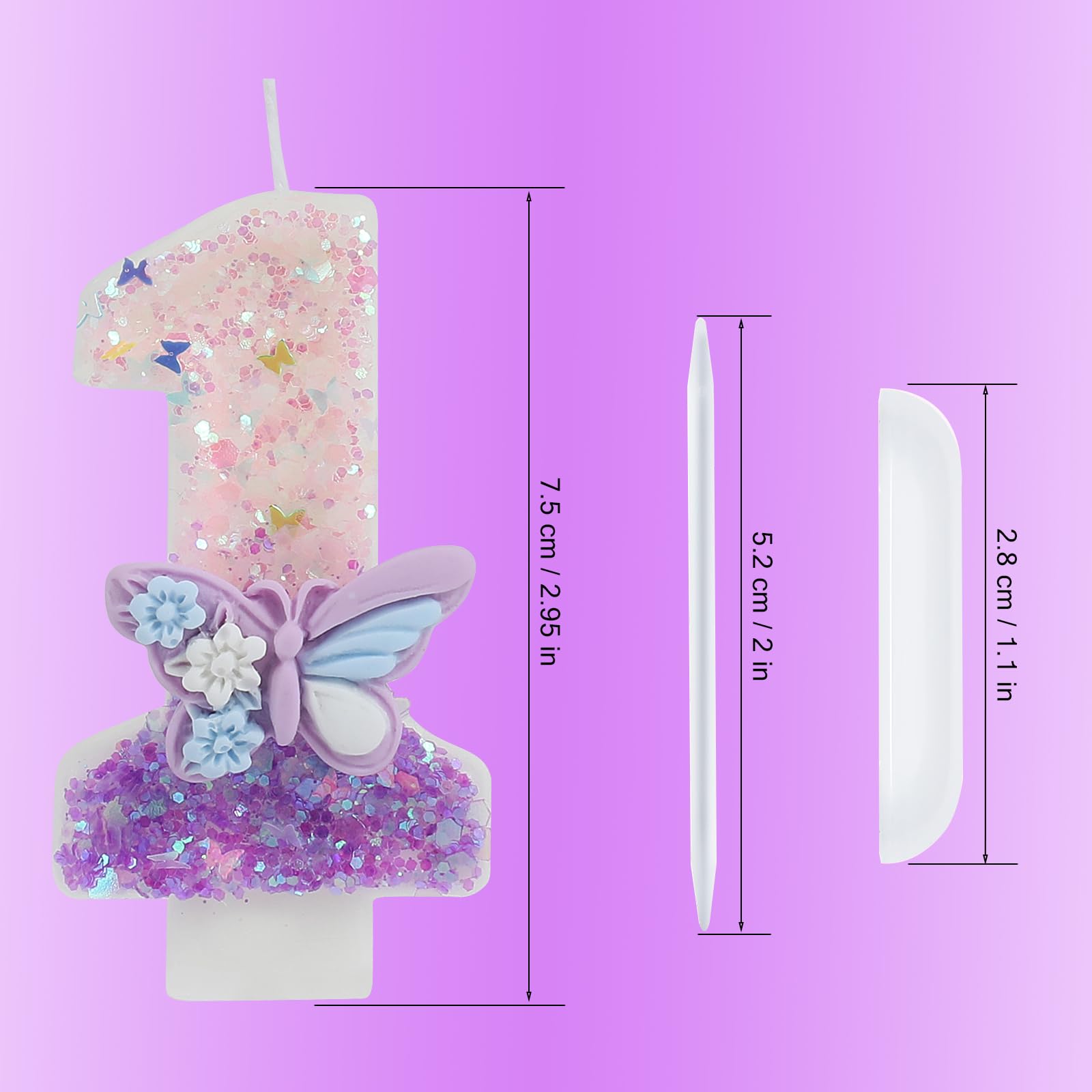 Birthday Number Candles Pink and Purple Butterfly Birthday Candles for Cake Glitter Number 1 Candle Cake Topper with Sequins for Girls and Women Anniversary Celebrations Supplies