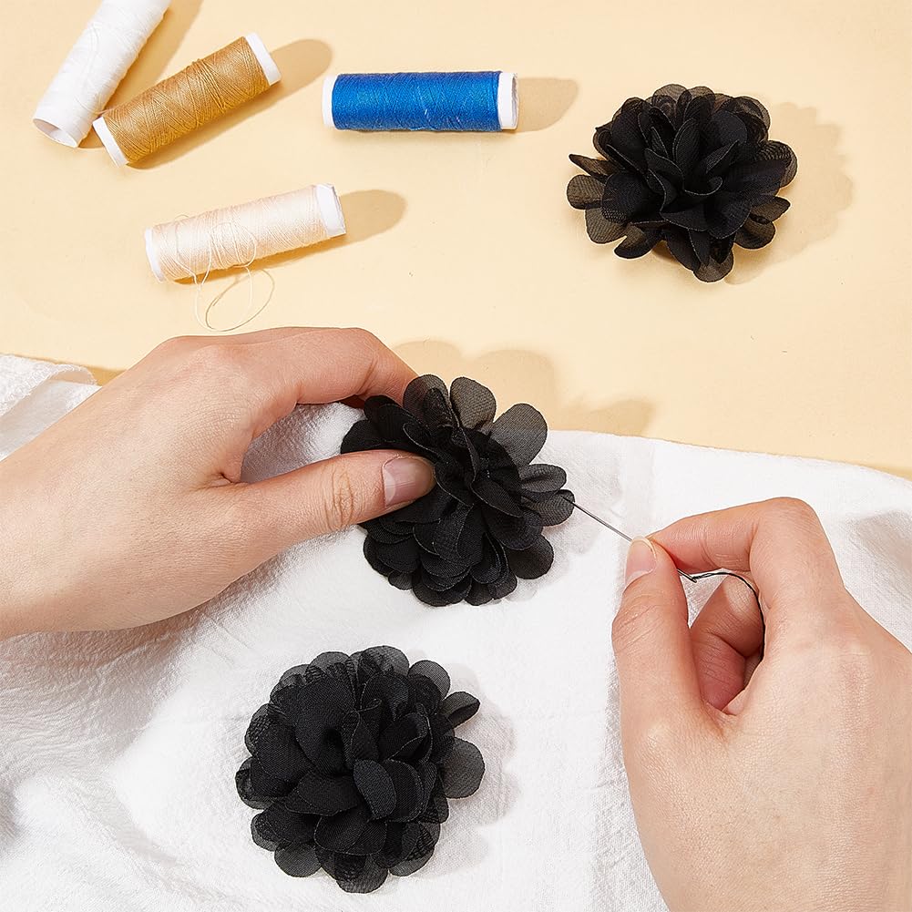 GORGECRAFT 12Pcs 3D Chiffon Flower Black Mesh Fabric Flowers Sewing Fabric Appliques Headband Embellishments Ornament Accessories Chiffon Lace Flower for DIY Craft Wedding Decor