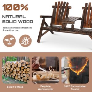 HOMEDIARY 2-Seat Wooden Adirondack Chair, Outdoor Log Patio Loveseat with Built-in Table, Patio Bench Fire Pit Chair Porch Furniture Conversation Set for Deck Lawn Pool Backyard, Carbonized