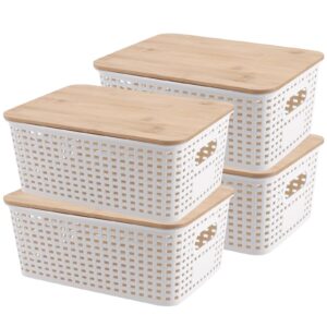 jeuihau 4 pcs plastic storage bins bamboo lid, white organizer bin with bamboo lid, plastic storage box with bamboo lid, stackable storage containers lidded for shelves drawers pantry