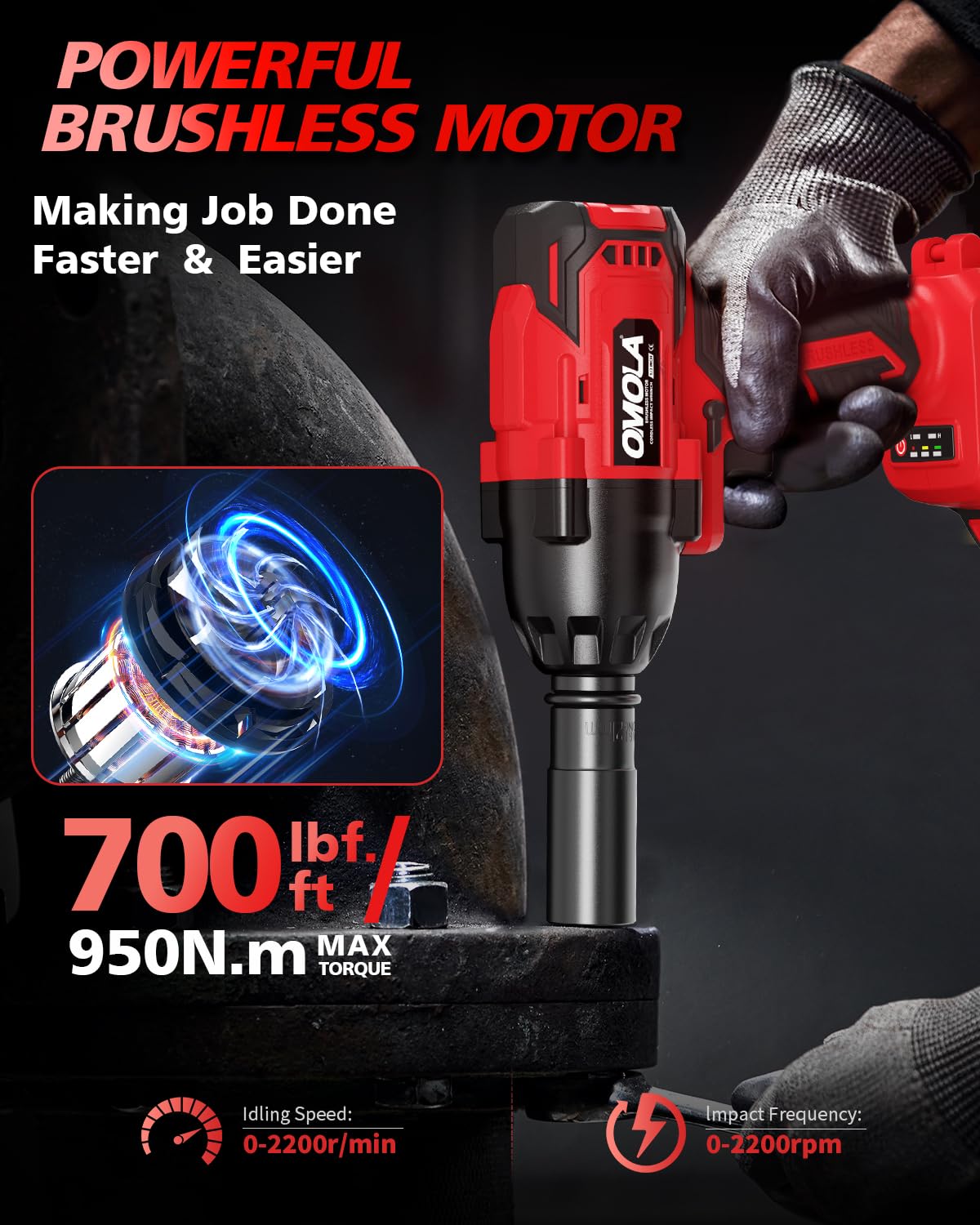 OMOLA Cordless Impact Wrench,1/2 impact gun，700 Ft-lb（950NM） High Torque 3200 RPM,with a 15C 21V 4.0Ah Li-Ion Battery, Fast Charger,Brushless motor，4 Sockets,Electric Impact Wrench for Car Truck RV