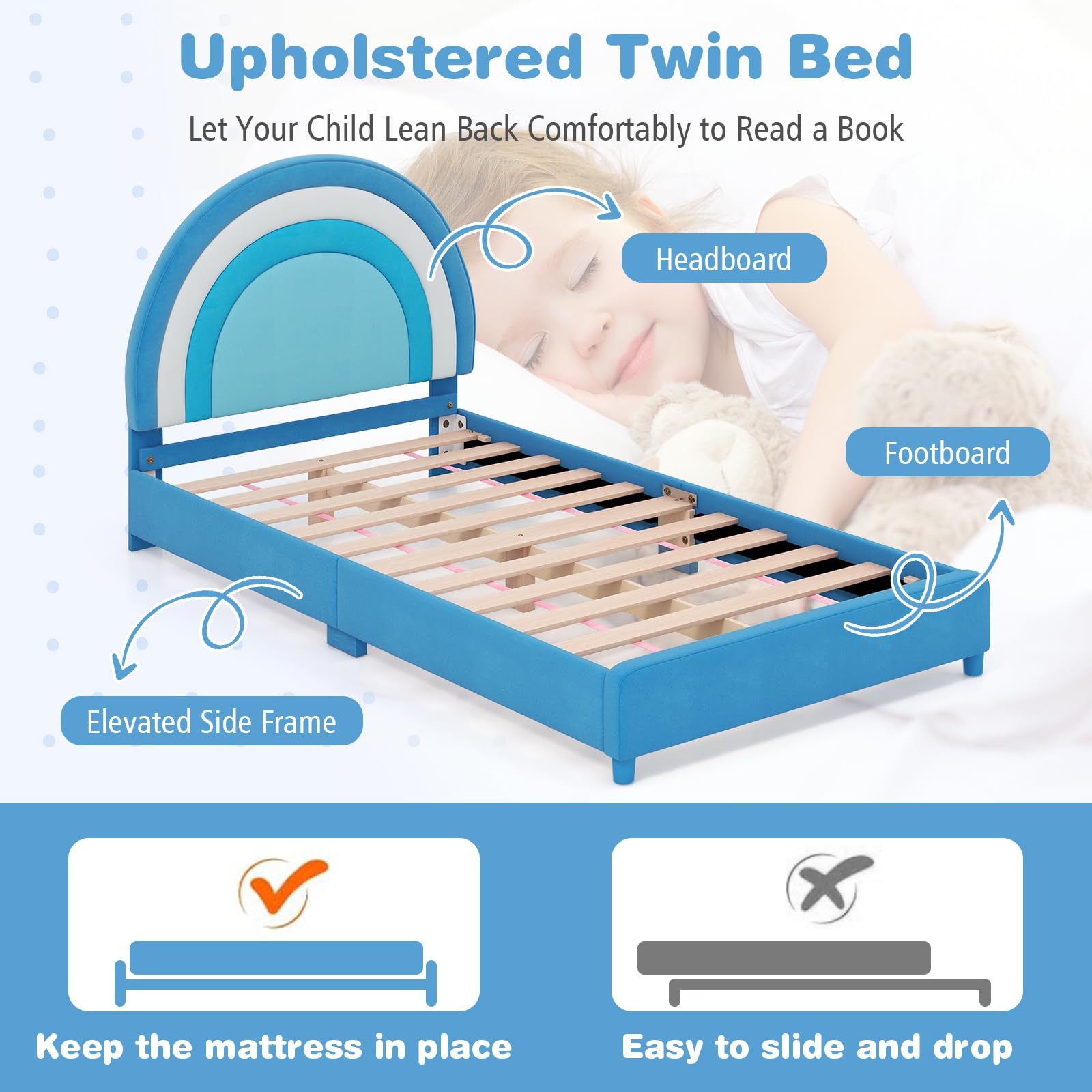 Costzon Twin Bed Frames for Kids, Upholstered Wooden Kids Bed w/Adjustable Headboard, Slats Support, 660 LBS Weight Cap, No Box Spring Needed, Easy Assembly, Twin Platform Bed Frame (Blue Rainbow)