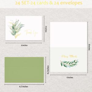 24 Pack Gold Foil Greenery Thank You Cards with Self-adhesive Envelopes, 4"x6" Boxed Watercolor Thank You Note Cards for Bridal Shower, Wedding or Baby Shower, 24 Unique Designs