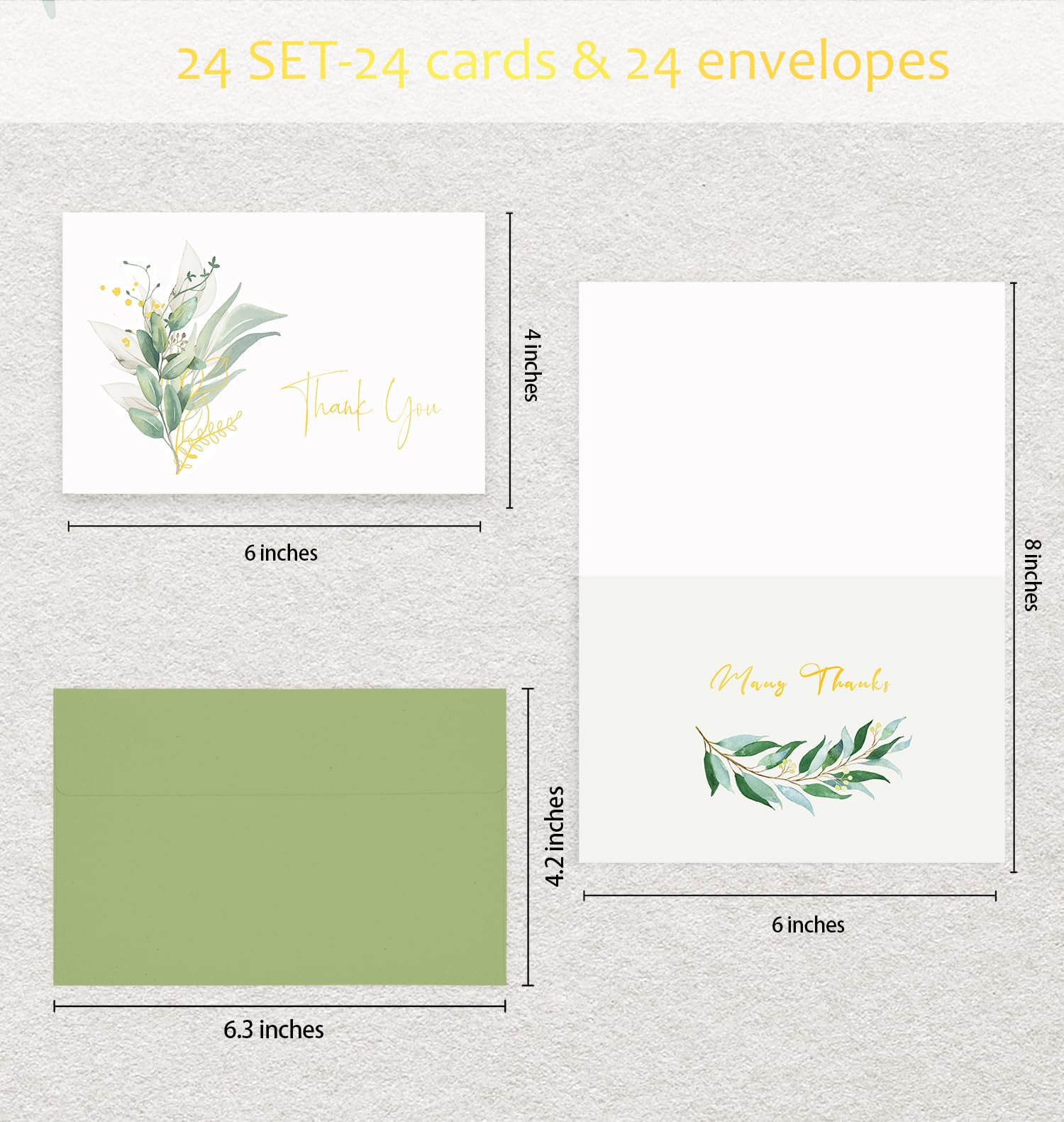 24 Pack Gold Foil Greenery Thank You Cards with Self-adhesive Envelopes, 4"x6" Boxed Watercolor Thank You Note Cards for Bridal Shower, Wedding or Baby Shower, 24 Unique Designs