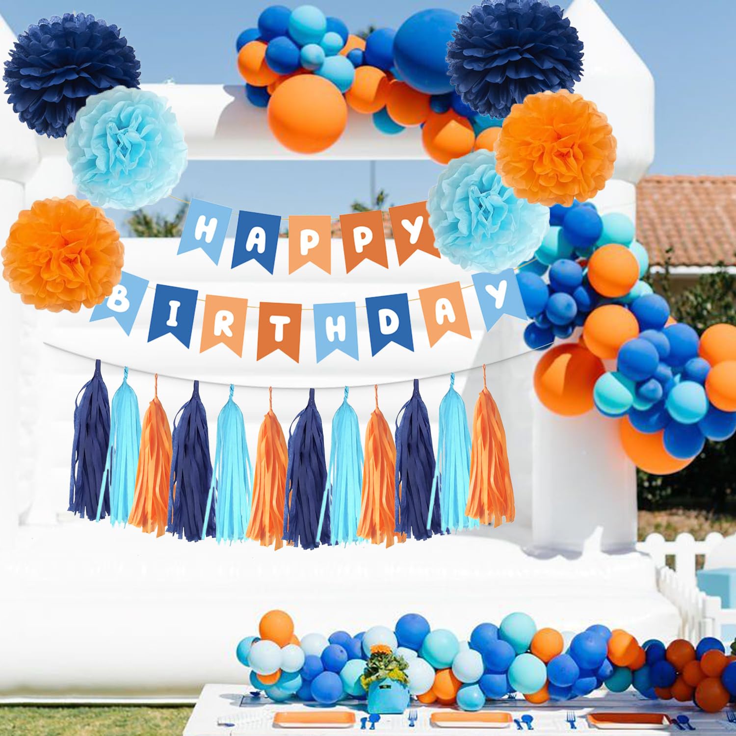 42PCS Navy Light Blue Aqua Orange Blue Dog 1st 2 3 5 Birthday Party Decorations for Boys Girls Balloons Banner Tissue Flower Pom poms Tassel Garland Hanging Backdrop Birthday Nursery Décor