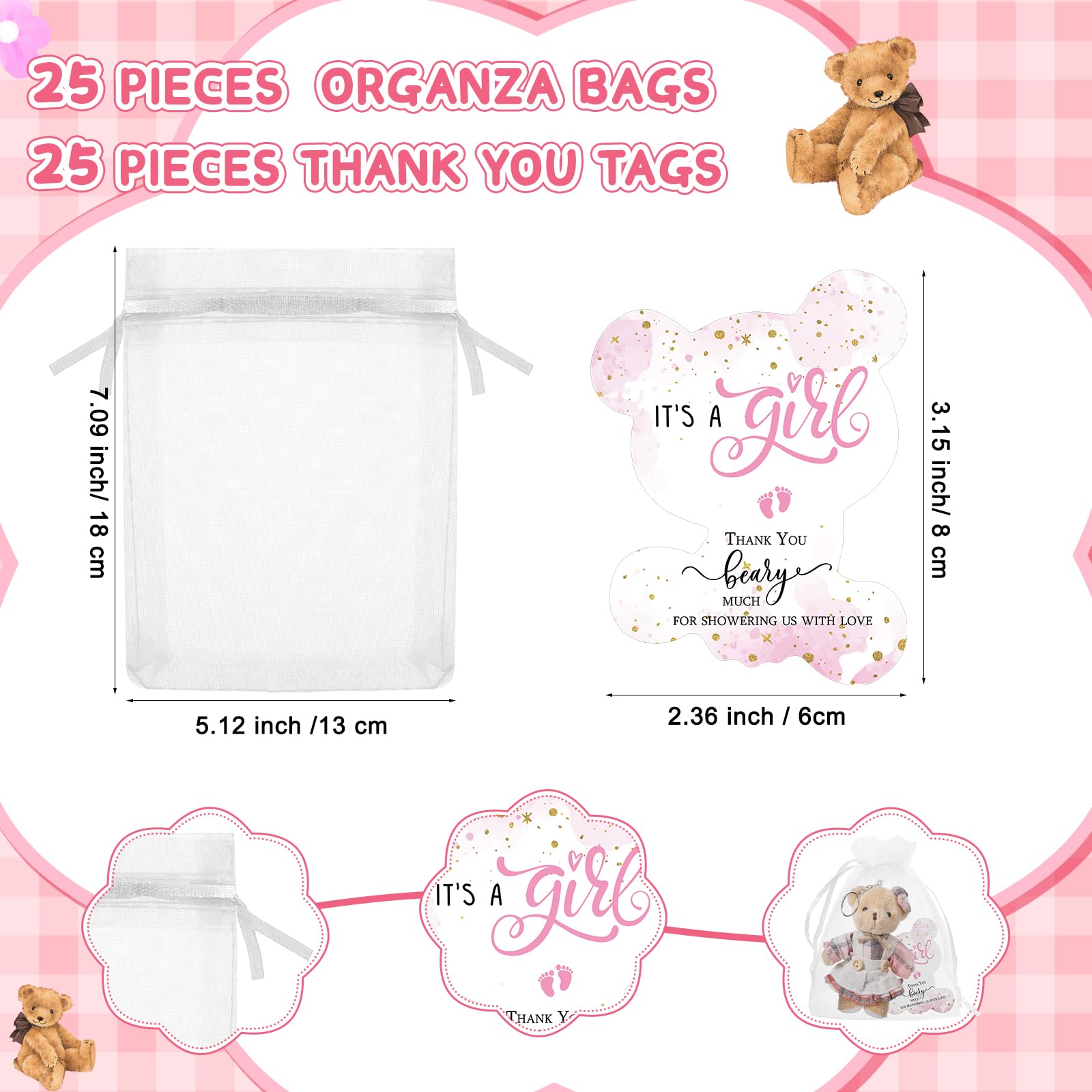 Poen 25 Sets Bear Baby Shower Favor for Guest 25 Stuffed Plush Mini Bears Plaid Tiny Stuffed Bear 25 Thank You Cards and Organza Bag for Gender Reveal Guest Gifts (Girl)