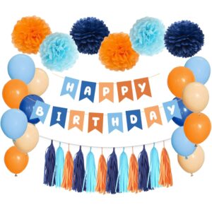 42pcs navy light blue aqua orange blue dog 1st 2 3 5 birthday party decorations for boys girls balloons banner tissue flower pom poms tassel garland hanging backdrop birthday nursery décor