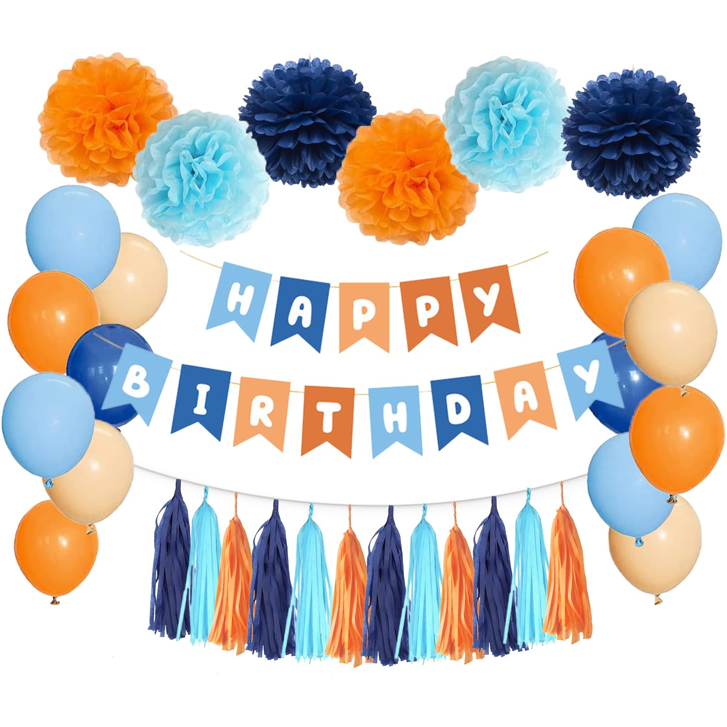 42PCS Navy Light Blue Aqua Orange Blue Dog 1st 2 3 5 Birthday Party Decorations for Boys Girls Balloons Banner Tissue Flower Pom poms Tassel Garland Hanging Backdrop Birthday Nursery Décor