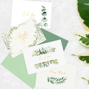 24 Pack Gold Foil Greenery Thank You Cards with Self-adhesive Envelopes, 4"x6" Boxed Watercolor Thank You Note Cards for Bridal Shower, Wedding or Baby Shower, 24 Unique Designs