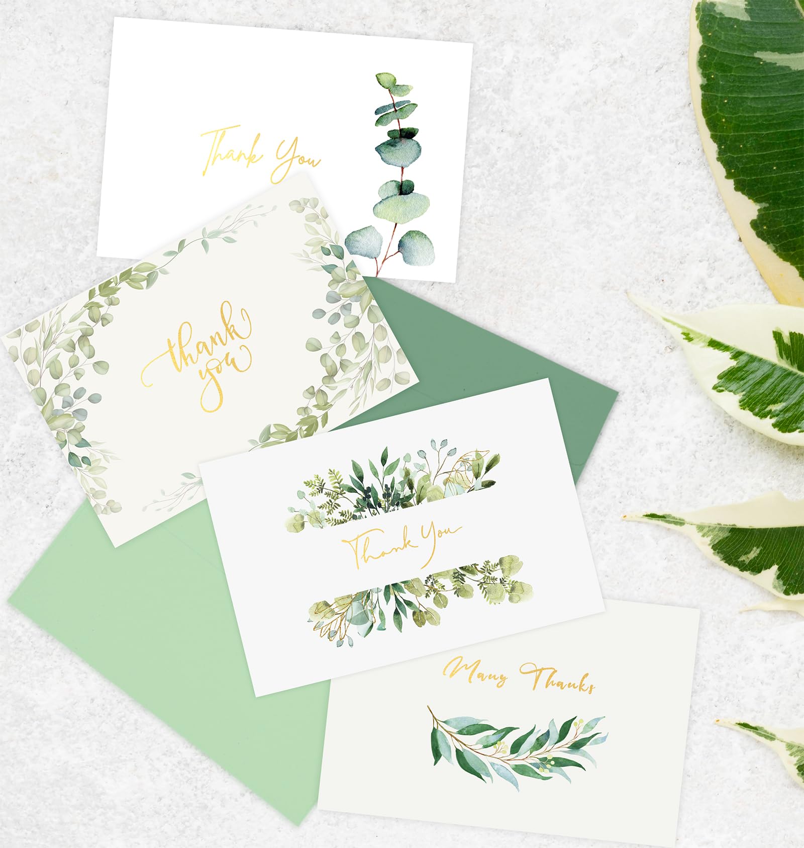 24 Pack Gold Foil Greenery Thank You Cards with Self-adhesive Envelopes, 4"x6" Boxed Watercolor Thank You Note Cards for Bridal Shower, Wedding or Baby Shower, 24 Unique Designs