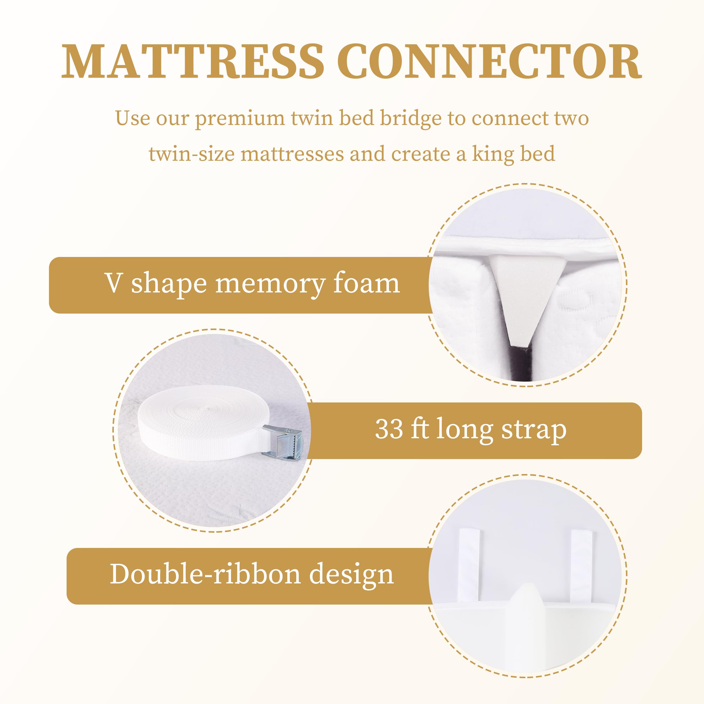 Bed Bridge Twin to King Converter Kit - Cotton Adjustable V-Shape Bed Connector -Extra Wide Bed Gap Filler - Non-Slip Design Mattress Connector - Light Upgrade Easily - Storage Bag Included