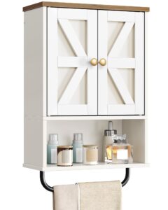 choezon bathroom wall cabinet, medicine cabinet with open partition and towel bar, rustic storage cabinet with open and hidden storage space, for bathroom, living room, kitchen, white and walnut