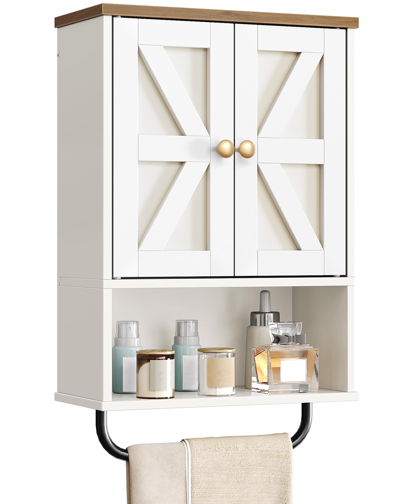 CHOEZON Bathroom Wall Cabinet, Medicine Cabinet with Open Partition and Towel Bar, Rustic Storage Cabinet with Open and Hidden Storage Space, for Bathroom, Living Room, Kitchen, White and Walnut