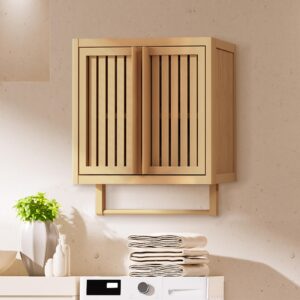 BAOMKONG Bamboo Medicine Cabinet Bathroom Cabinet Wall Mounted with Towels Bar Over The Toilet Storage Cabinet with 2 Door Sturdy Bathroom Wall Cabinet for Bathroom Laundry Room Kitchen, #02 Natural