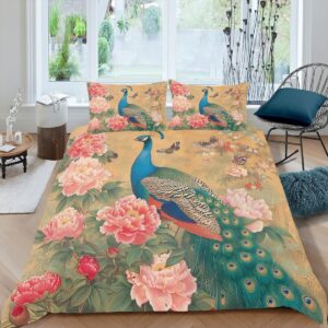 ccoutuechen retro pink floral duvet cover green peacock bedding set queen size elegant butterflies botanical flowers leaves bed set peacock bird pattern comforter cover for adult women girls decor