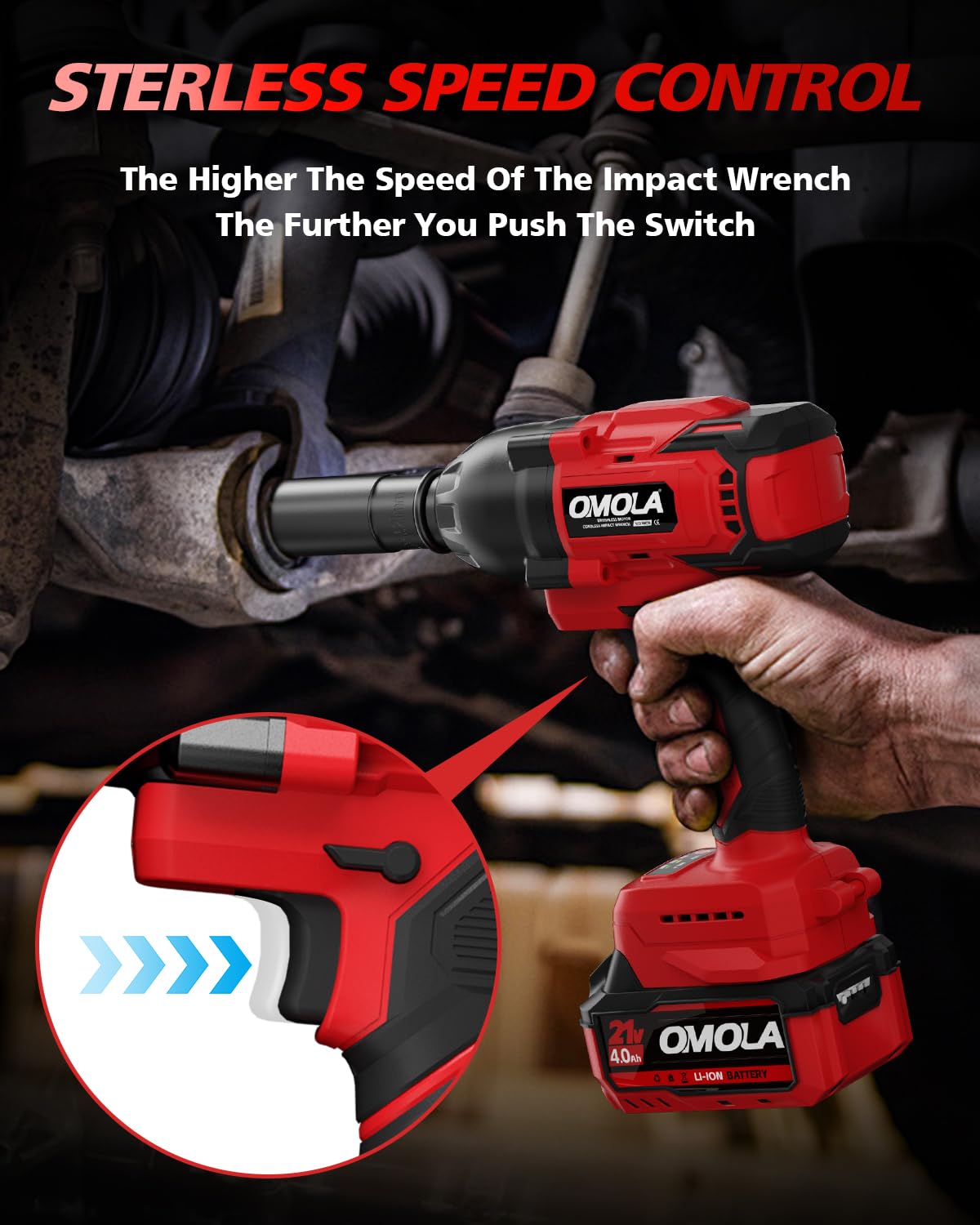 OMOLA Cordless Impact Wrench,1/2 impact gun，700 Ft-lb（950NM） High Torque 3200 RPM,with a 15C 21V 4.0Ah Li-Ion Battery, Fast Charger,Brushless motor，4 Sockets,Electric Impact Wrench for Car Truck RV