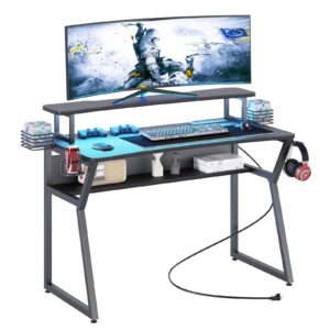 treetalk gaming desk with power outlet&led lights, computer desk with monitor stand and open shelf,gamer table workstation with cup holder, headphone hook, 2 speaker stand for home office