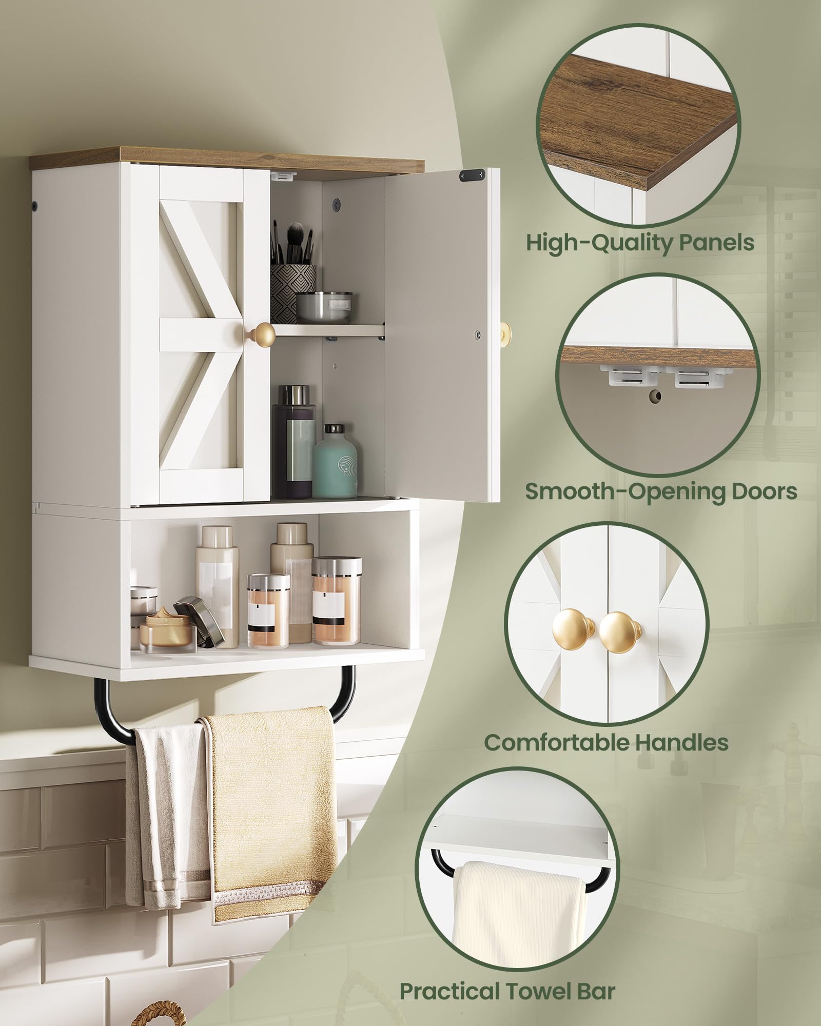 CHOEZON Bathroom Wall Cabinet, Medicine Cabinet with Open Partition and Towel Bar, Rustic Storage Cabinet with Open and Hidden Storage Space, for Bathroom, Living Room, Kitchen, White and Walnut