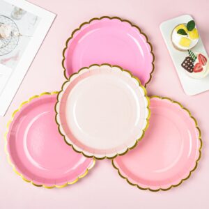 AimFun Pink Scalloped Party Plates Gold Foil Border Paper Plates Disposable 9inch Gradient Pink Plates for Pink Bow Birthday Coquette Bridal Baby Shower Party Supplies (24, Pink)